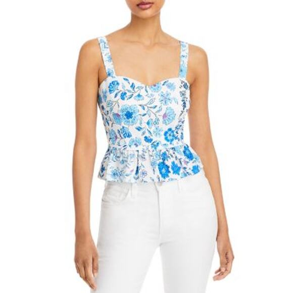 Aqua | Tops | Aqua Ladies White Blue Floral Zip Back Peplum Top Nwt ...